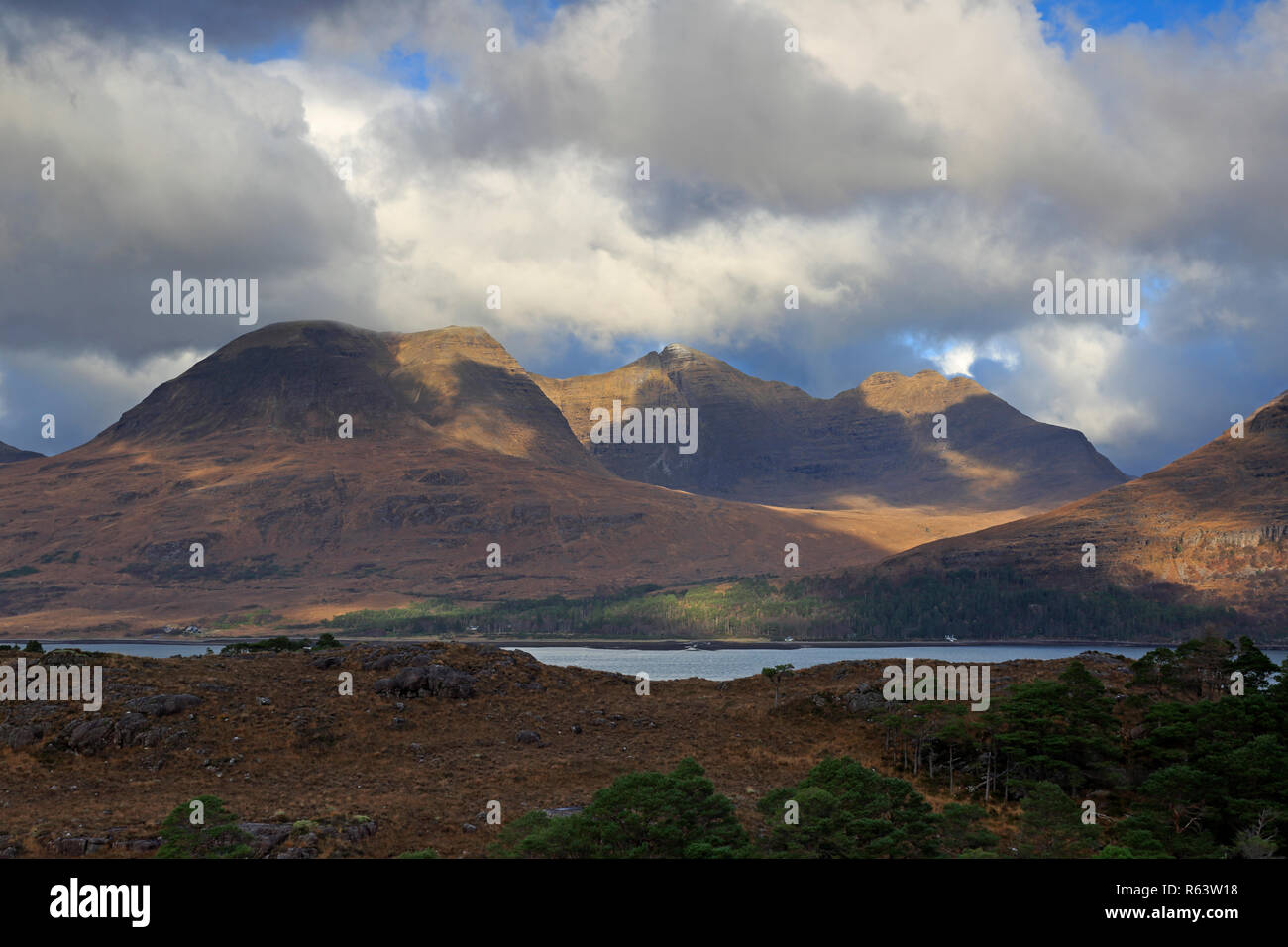 View of Beinn Alligin mountain across Upper Loch Torridon Scotland ...