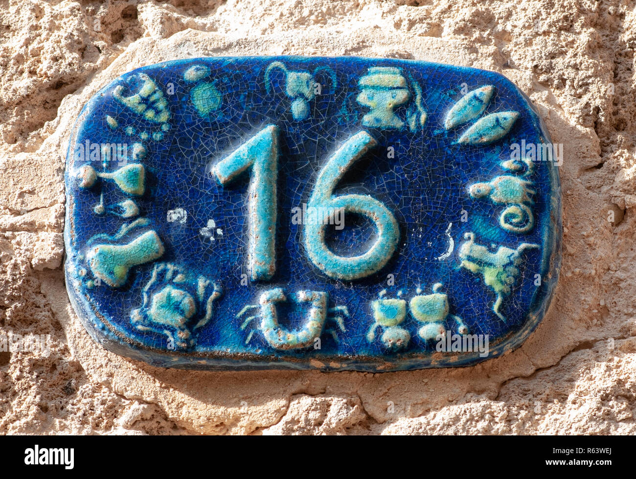Israel, Jaffa, Ceramic numbers zodiac signs the number sixteen Stock ...