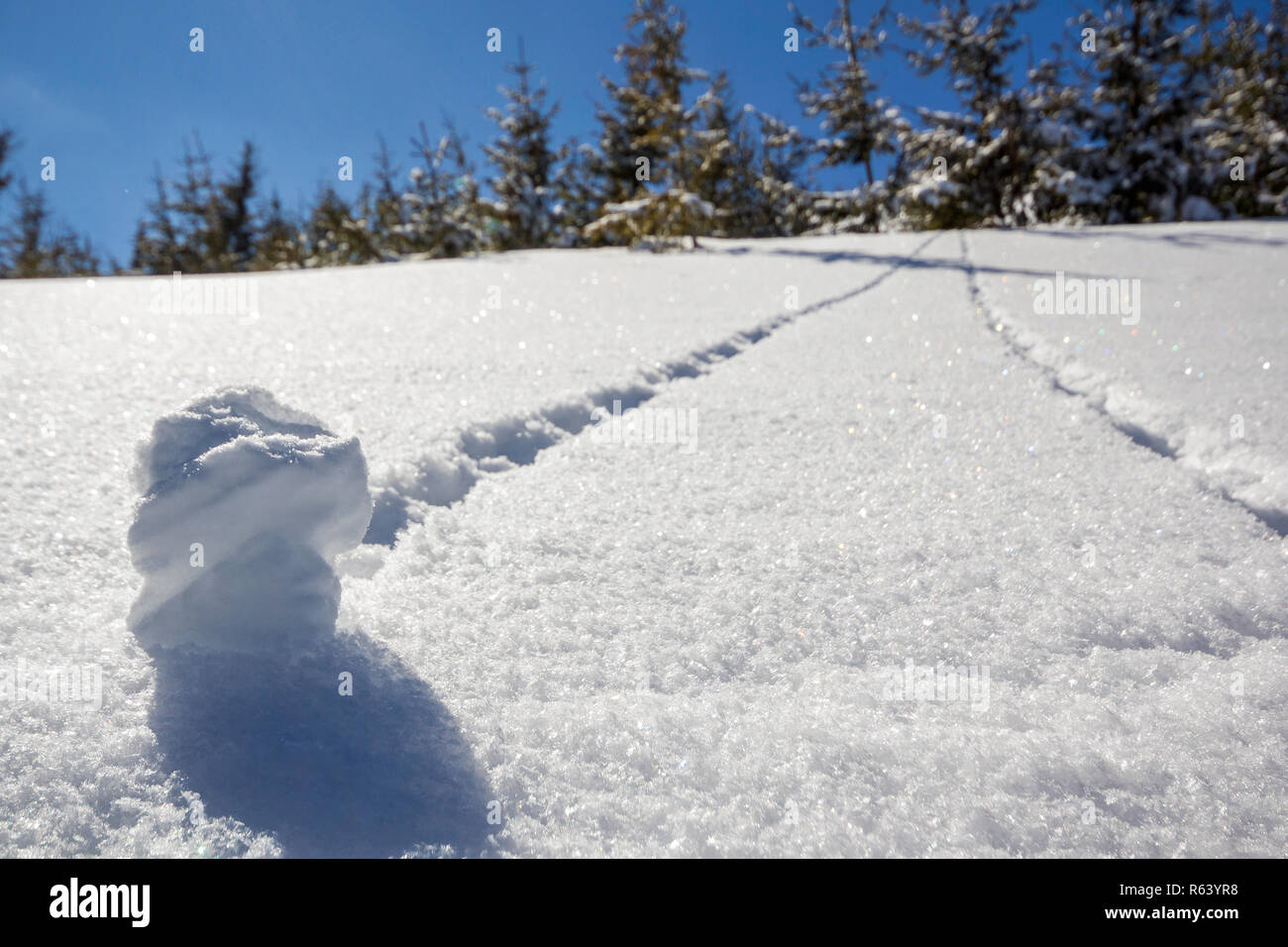 Beautiful winter Christmas landscape. Steep mountain hill slope with ...