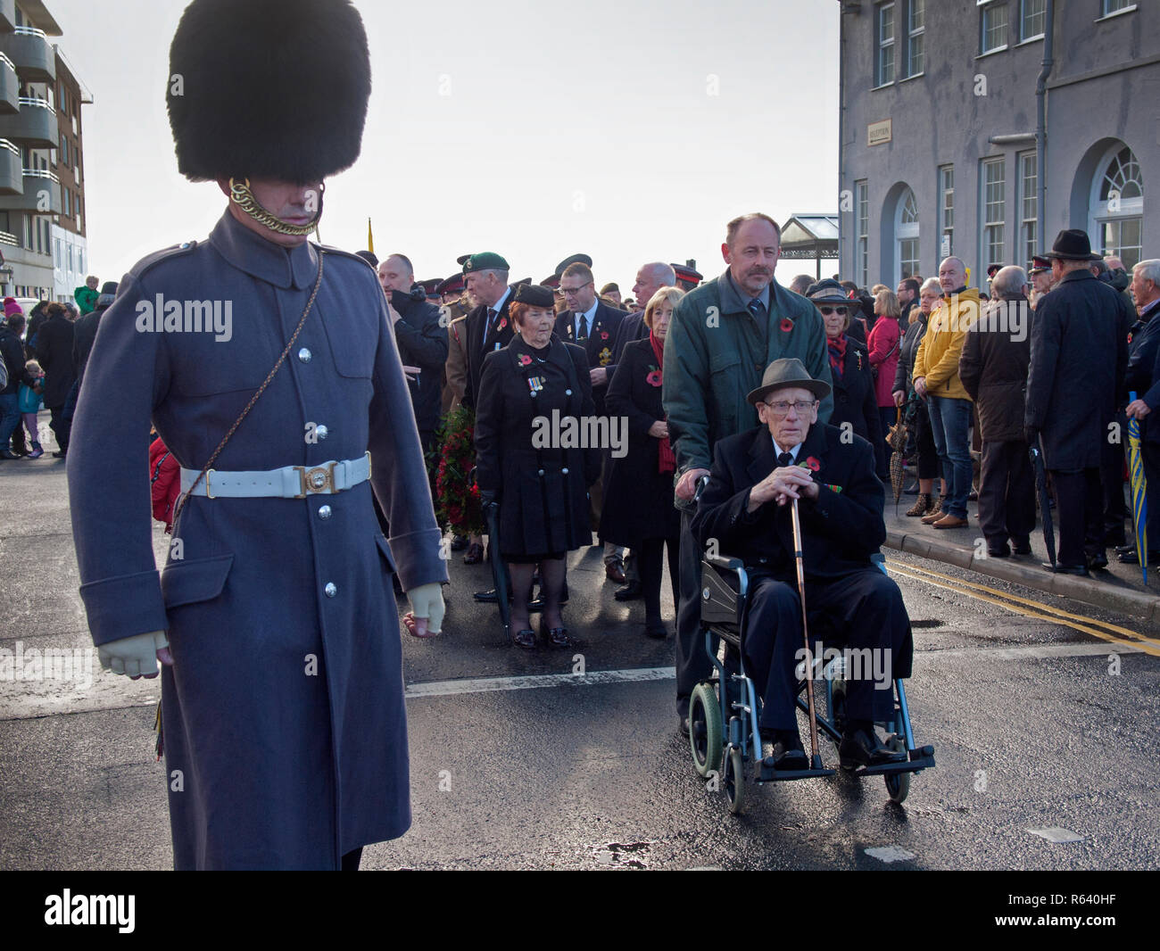 A bear skin hat is worn by a soldier from one of the Foot Guards ...