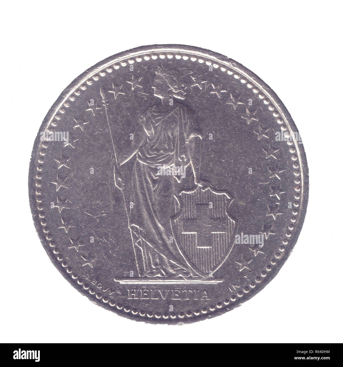 silver Half a Swiss Frank coin (50 cents) on white background Stock ...