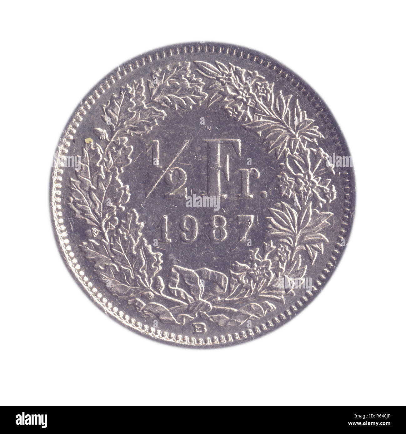 silver Half a Swiss Frank coin (50 cents) on white background Stock ...