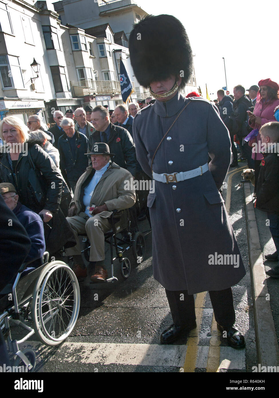 A bear skin hat is worn by a soldier from one of the Foot Guards ...