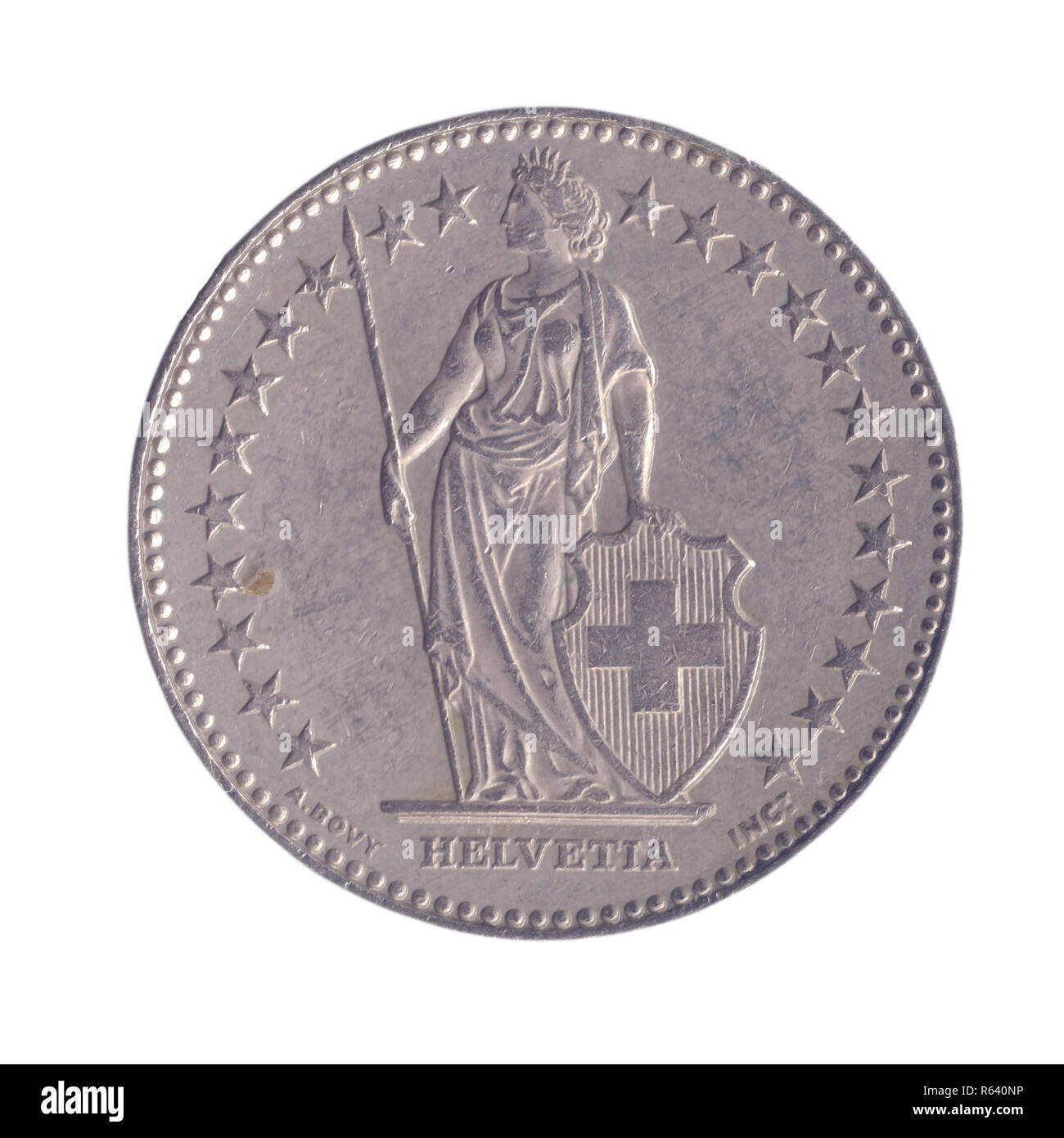 silver Two Swiss Frank coin on white background Stock Photo - Alamy