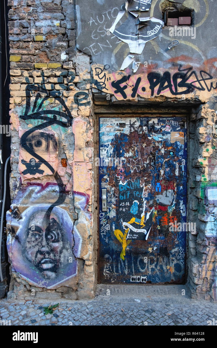 Berlin Mitte, Linienstrasse 206. Dilapidated Squat building covered in ...