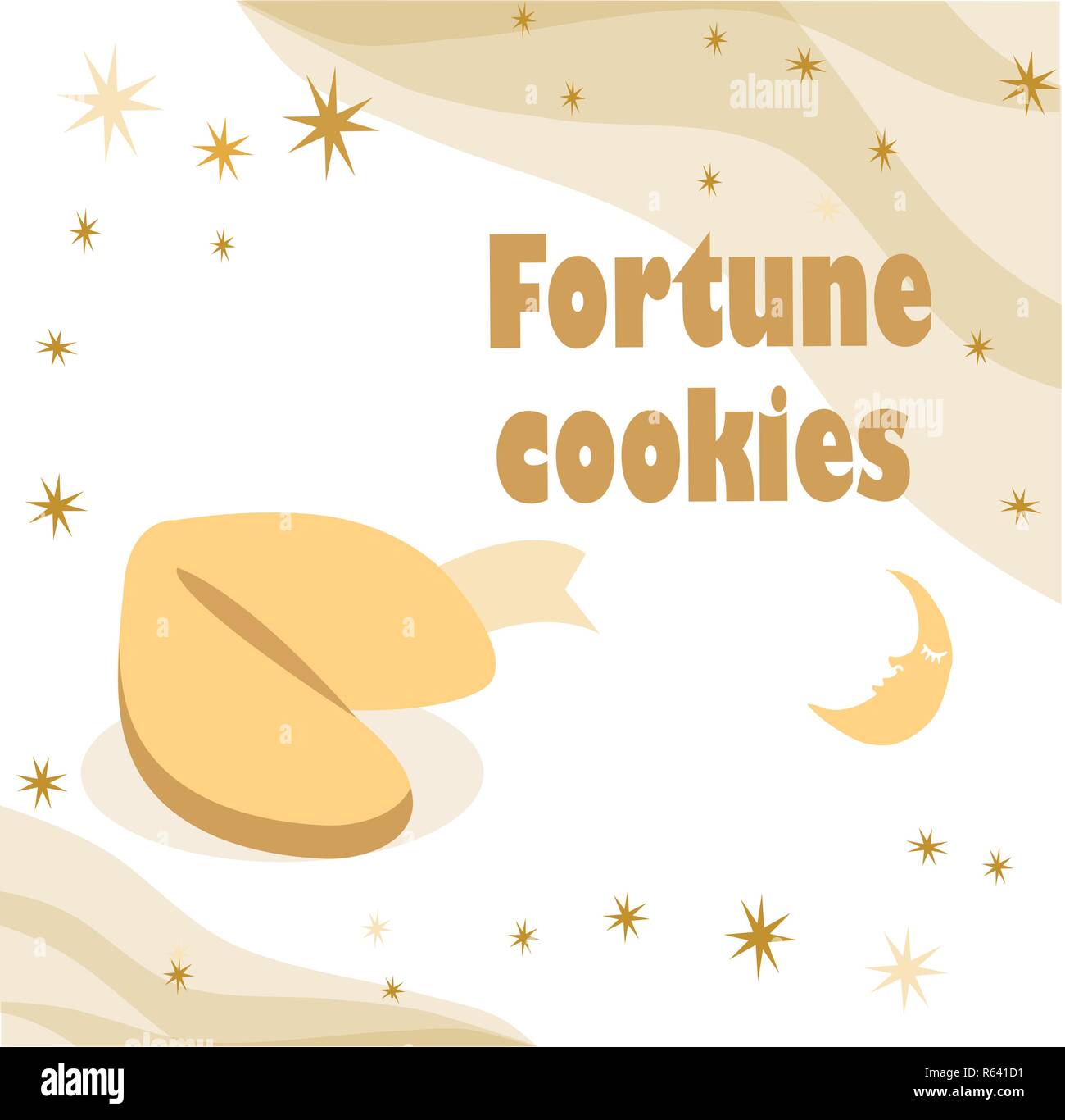 Illustration with fortune cookie with stars and moon on the beige ...