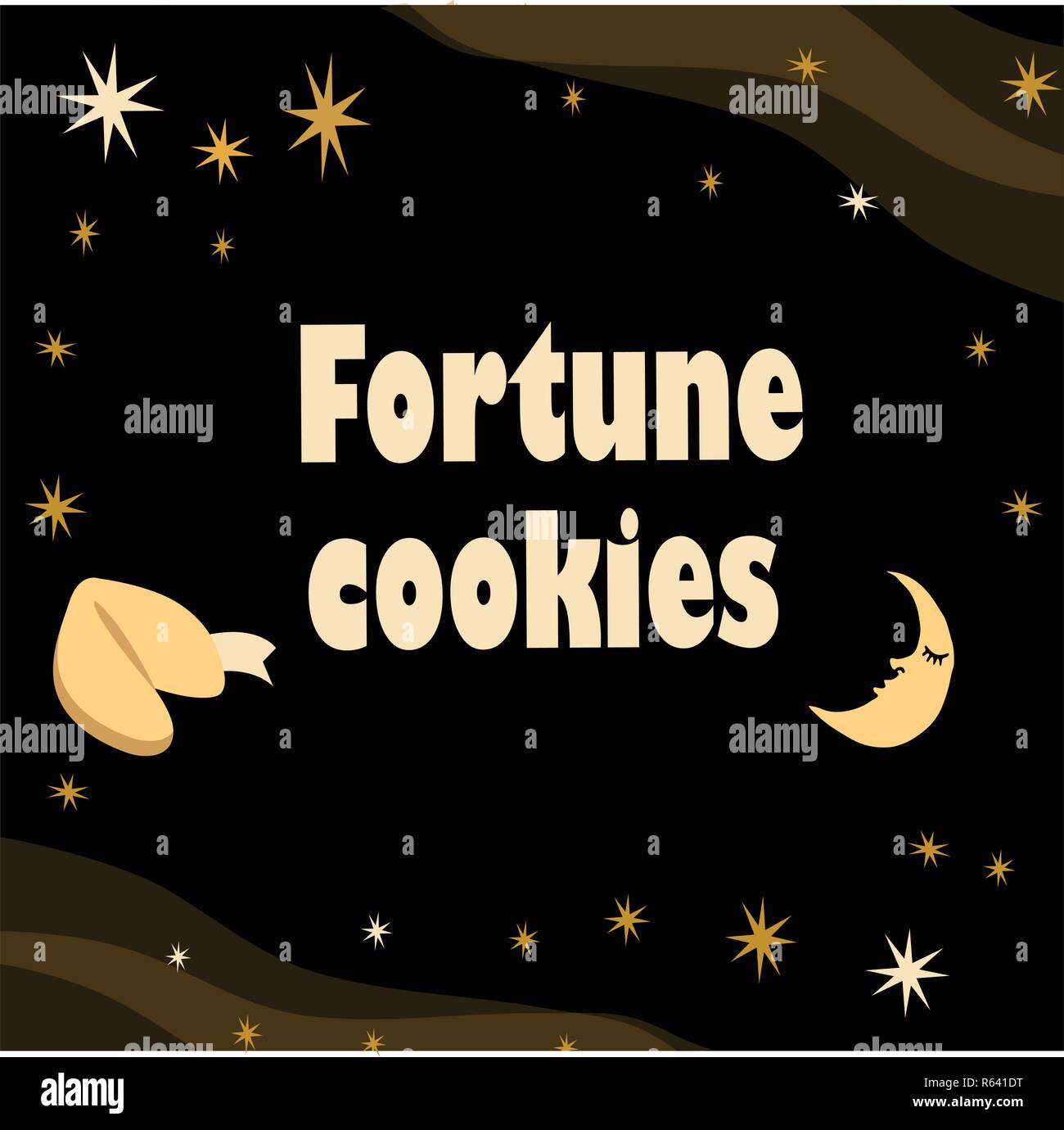 Illustration with fortune cookie with stars and moon on the black ...
