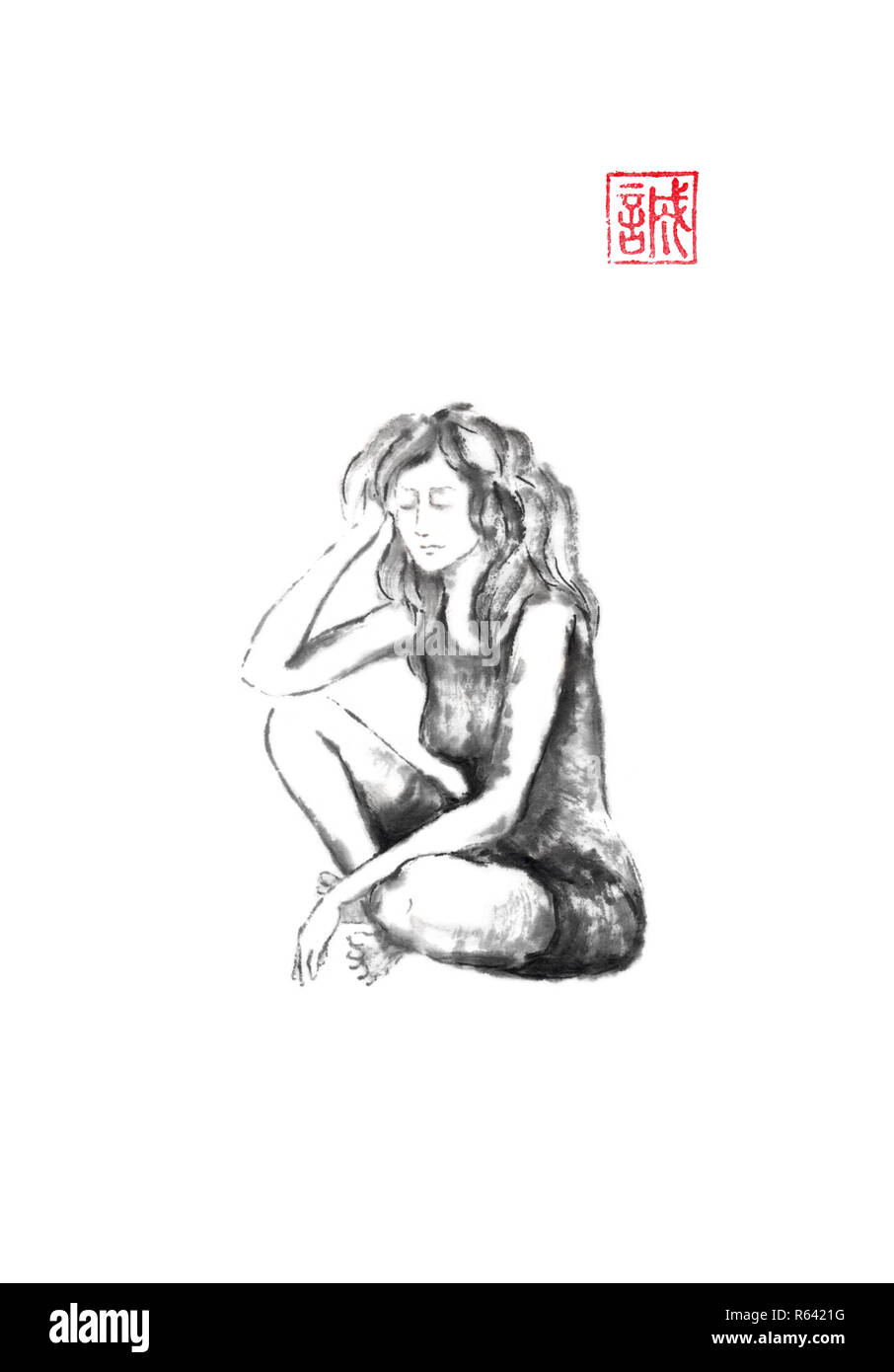 Sitting girl Japanese style original sumi-e ink painting. Hieroglyph ...