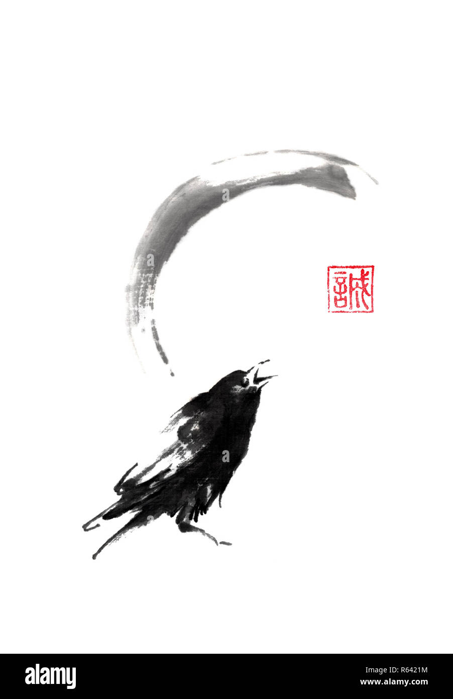 Japanese style sumi-e painting with crow and moon. Hieroglyph featured ...