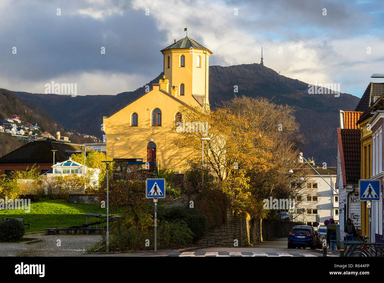 Autumn in Bergen. Corps de Garde in Klostergaten in Nordnes, a part of ...