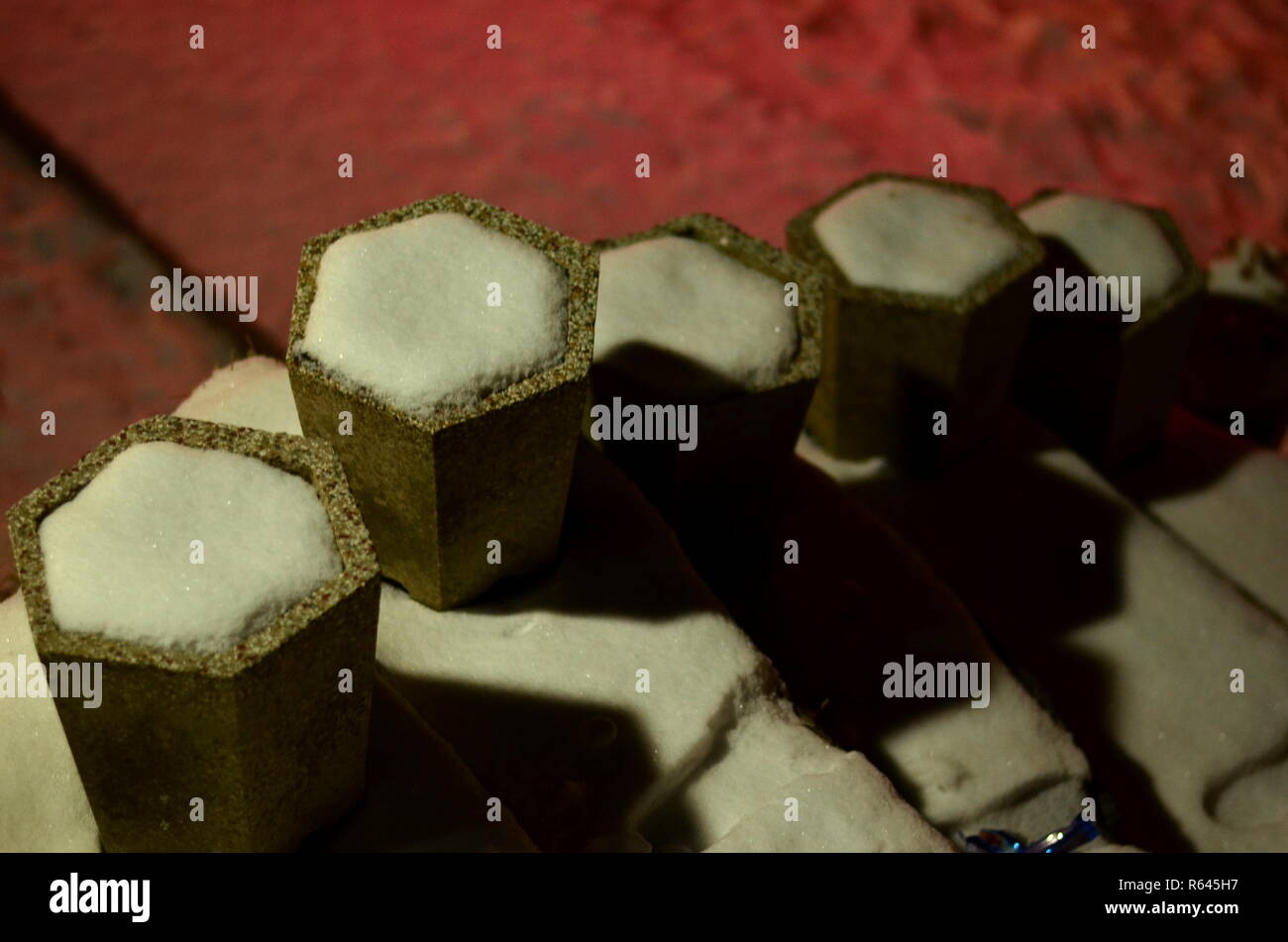 Ice frozen on empty flower pots after fresh snowfall in Kufri, Shimla ...