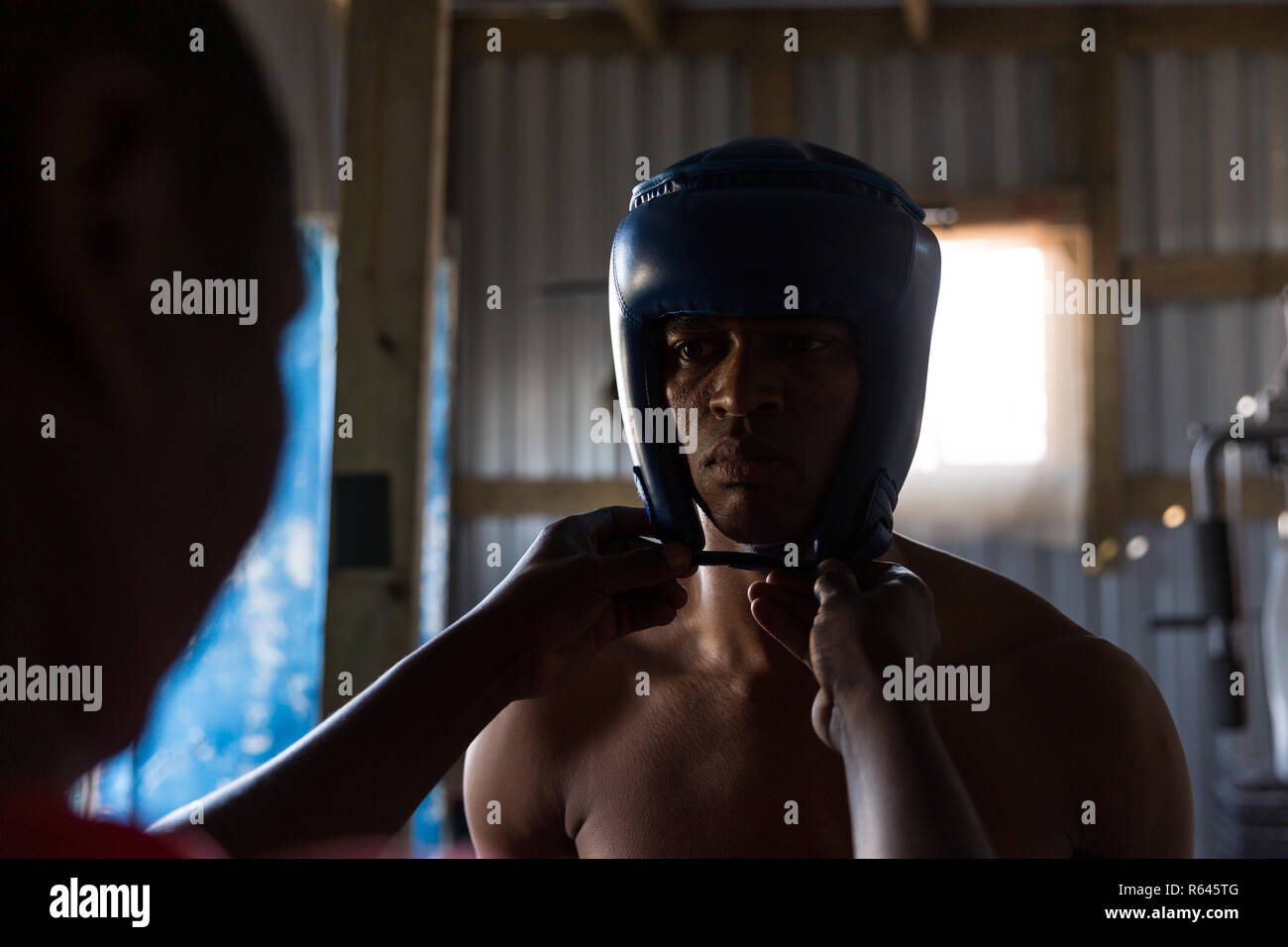 Trainer assisting male boxer to wear headgear Stock Photo - Alamy