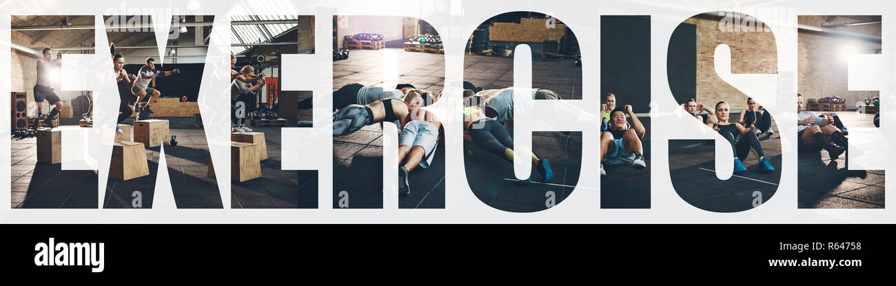 Collage of a group of fit young people doing different exercises ...