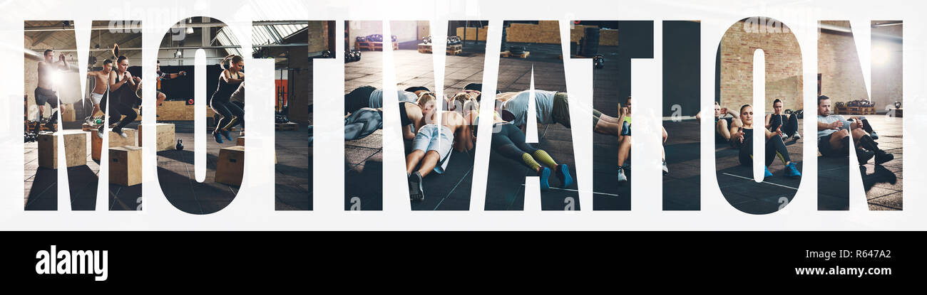 Collage of a group of fit young people doing different exercises ...