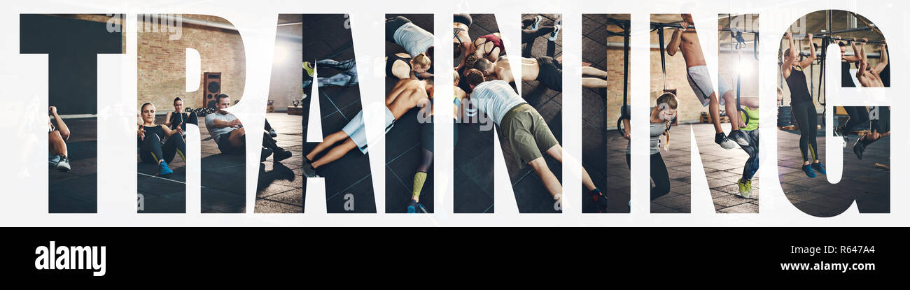 Collage of a diverse group of young people in sportswear doing ...