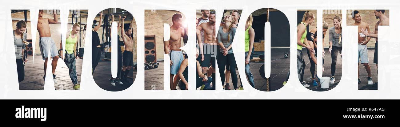 Collage of a group of fit young people in sportswear smiling while ...