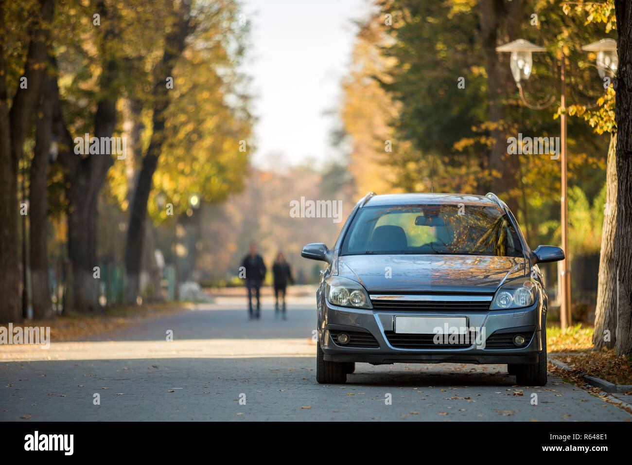 Front view of gray shiny empty car parked in quiet area on asphalt road ...