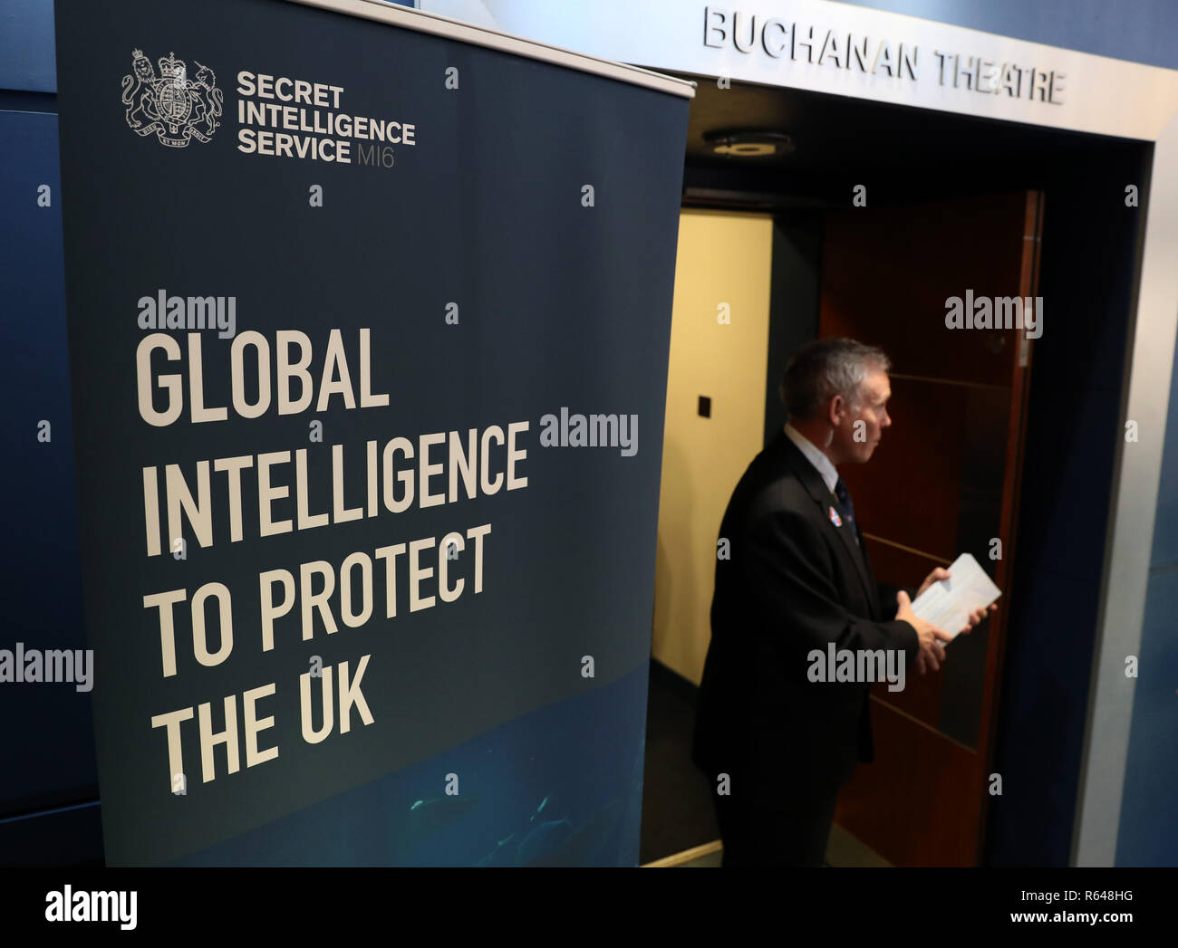 A Secret Intelligence Service sign at the entrance to Buchanan Theatre ...