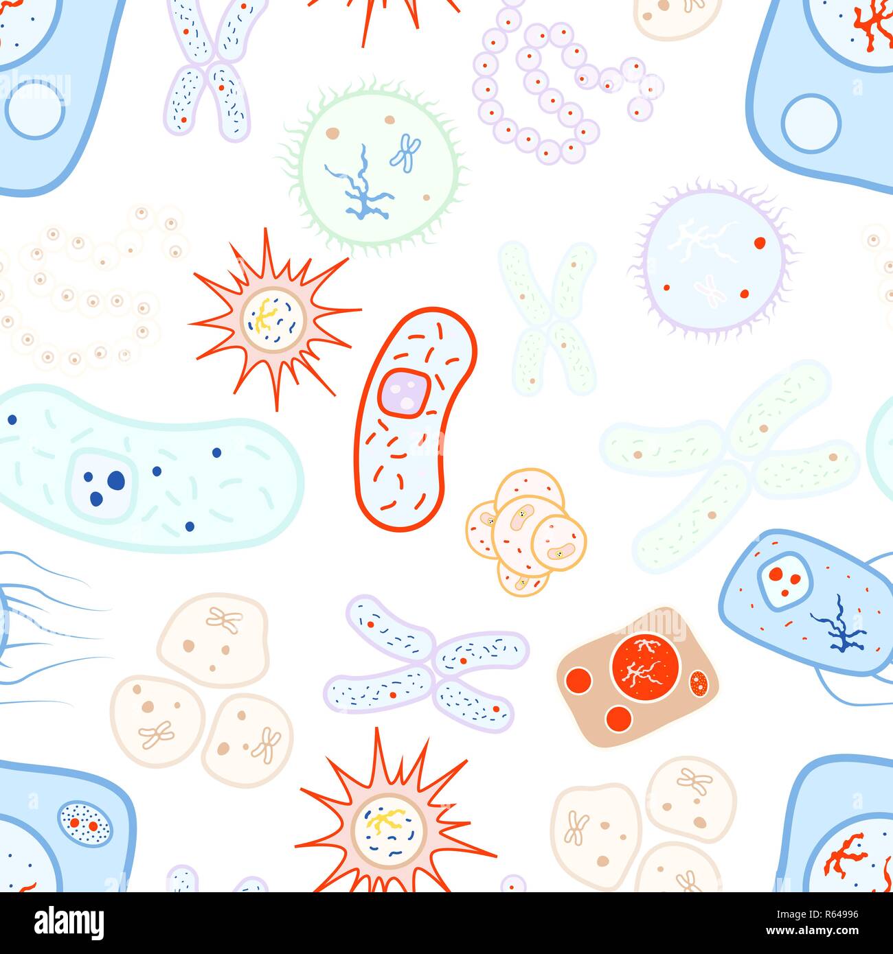 Bright colorful biology cells, bacterias and virus, seamless pattern on ...