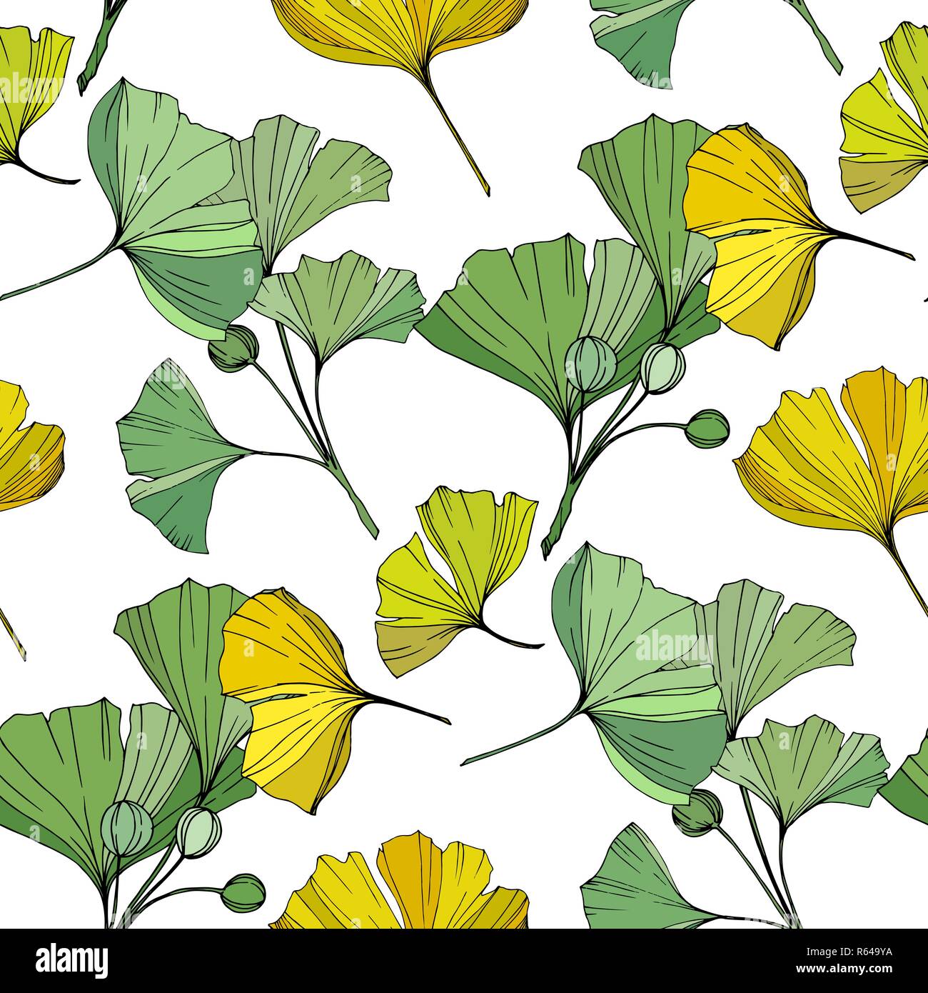 Vector. Green and yellow ginkgo leaf. Seamless background pattern ...