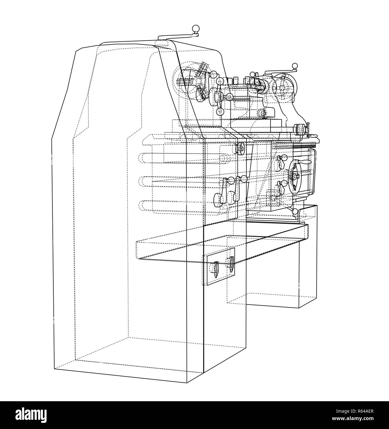 Lathe concept. 3d illustration. Blueprint or Wire-frame style Stock ...