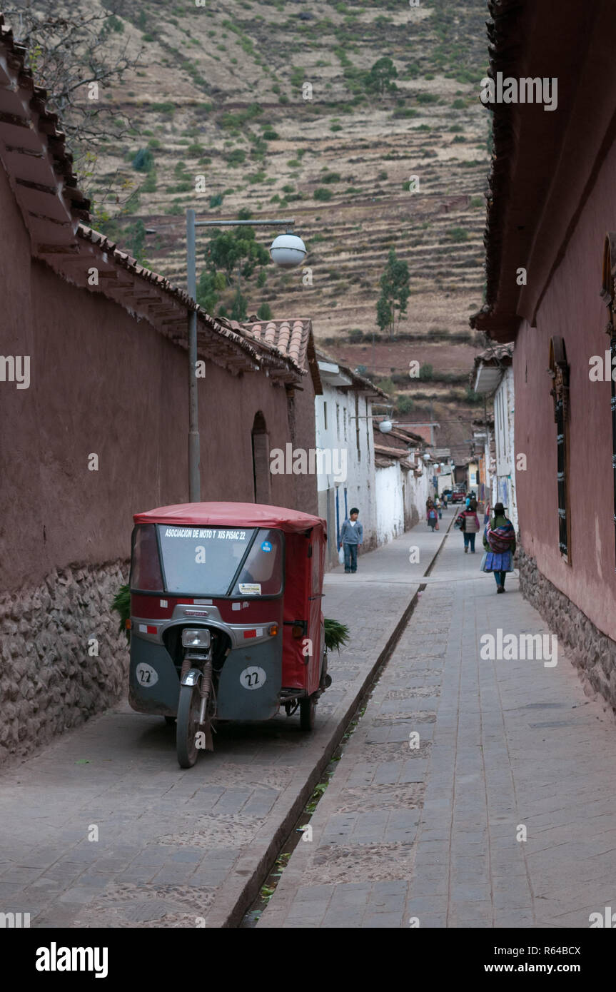 Pisac, Peru - August 12 2011: Personal transportation, streets and ...