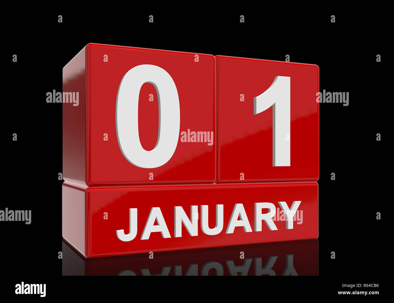 The date of 1 January in white numbers and letters on red, glossy ...