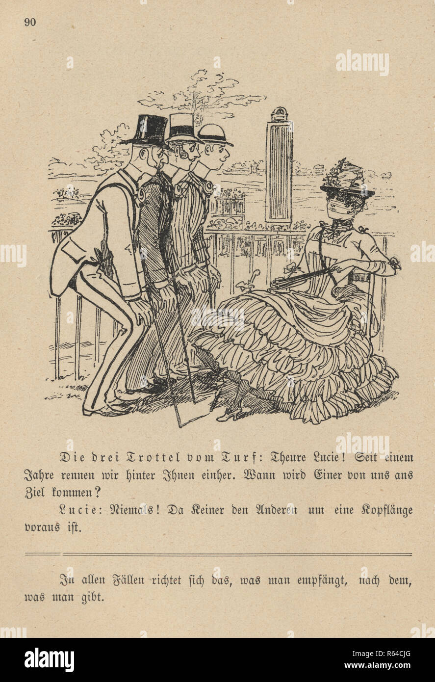 Vintage engraving of a Victorian cartoon of a group of men flirting ...