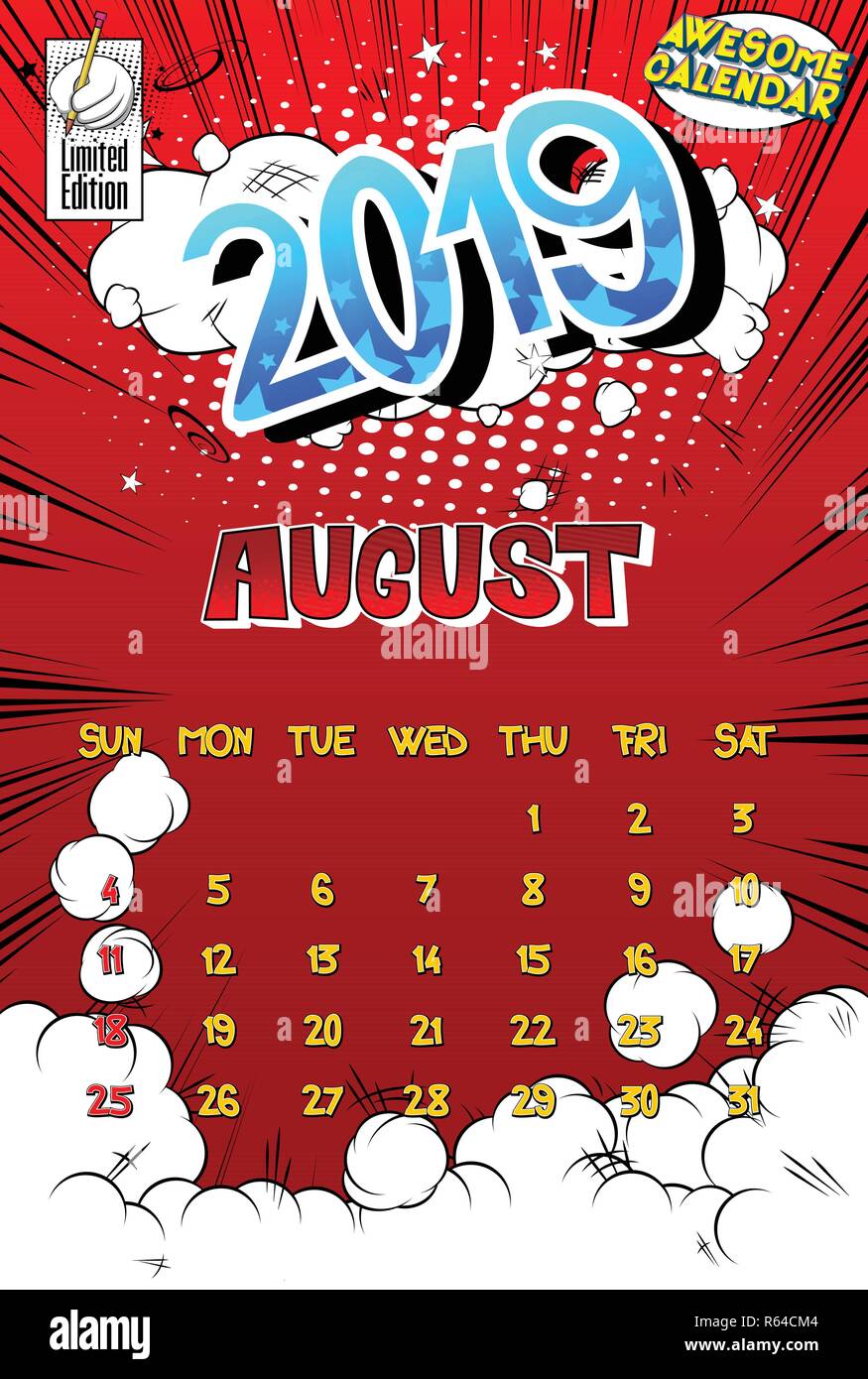 2019 retro style comic book calendar template For August. Pop art style ...