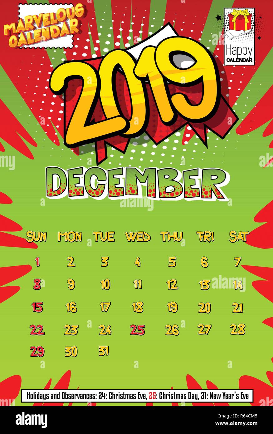 2019 retro style comic book calendar template For December. Pop art ...