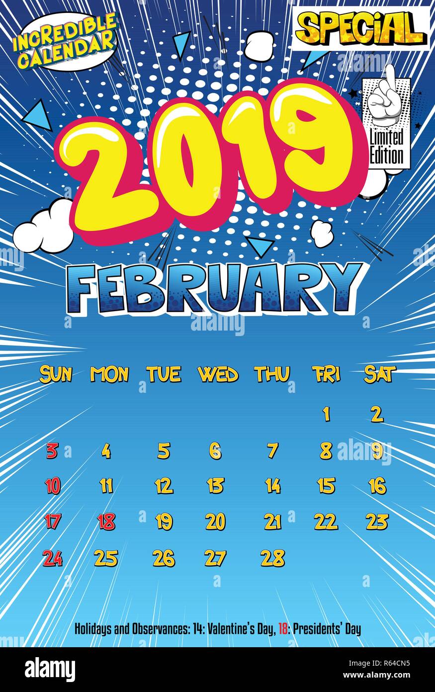 2019 retro style comic book calendar template For February. Pop art ...
