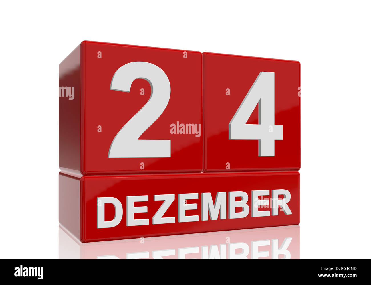 The date of 24 Dezember in white numbers and letters on red, glossy ...