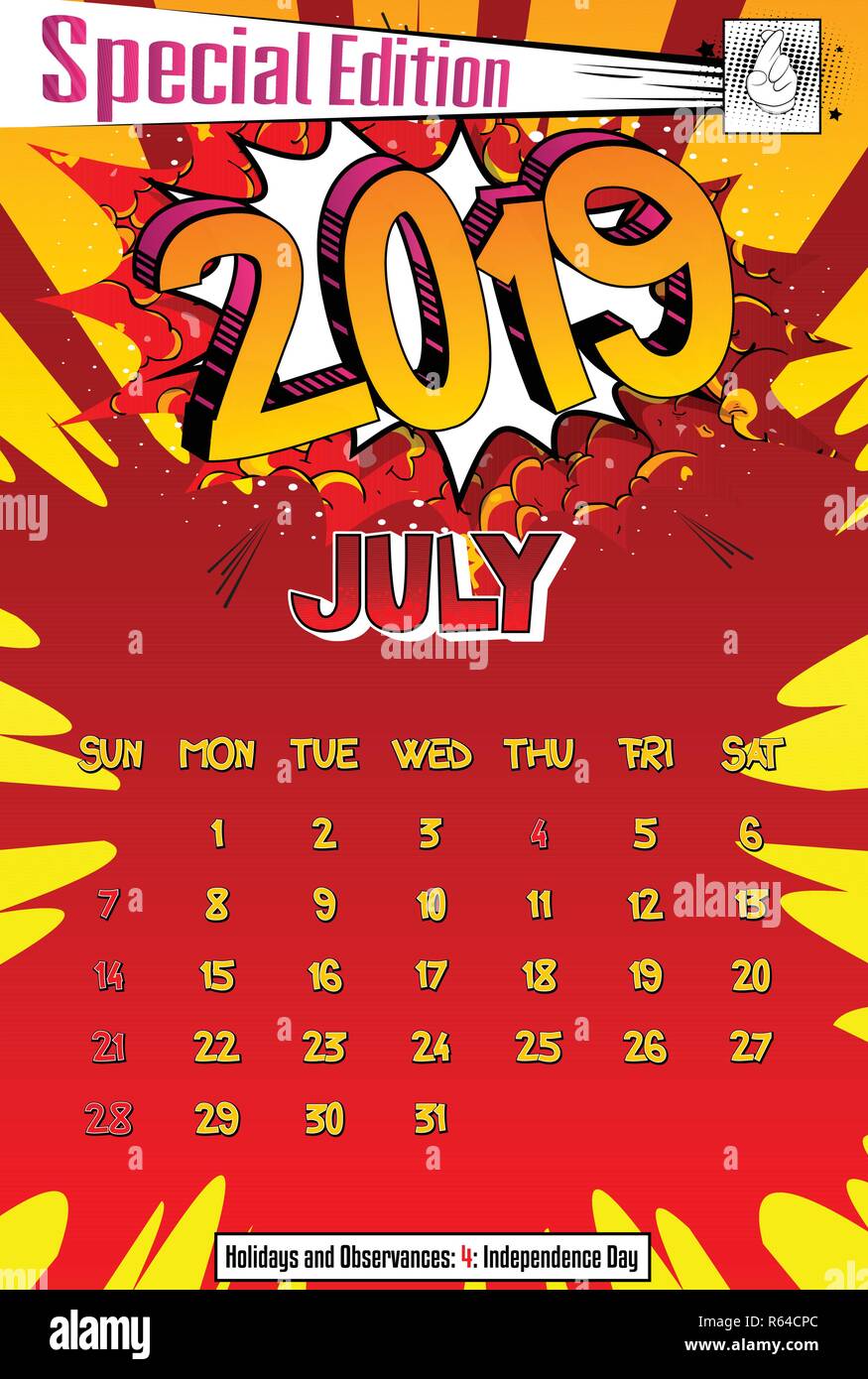 2019 retro style comic book calendar template For July. Pop art style ...