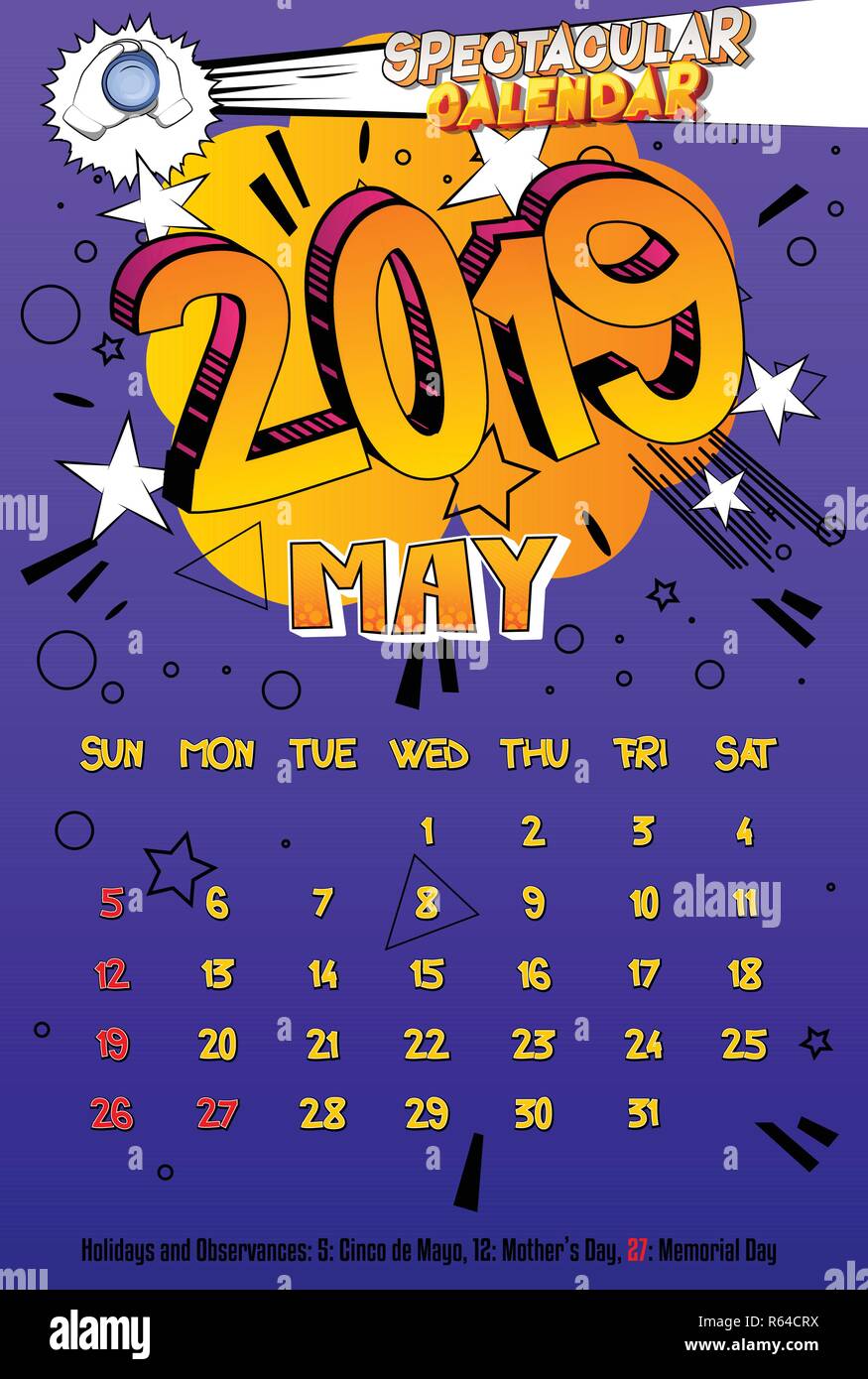 2019 retro style comic book calendar template For May. Pop art style ...