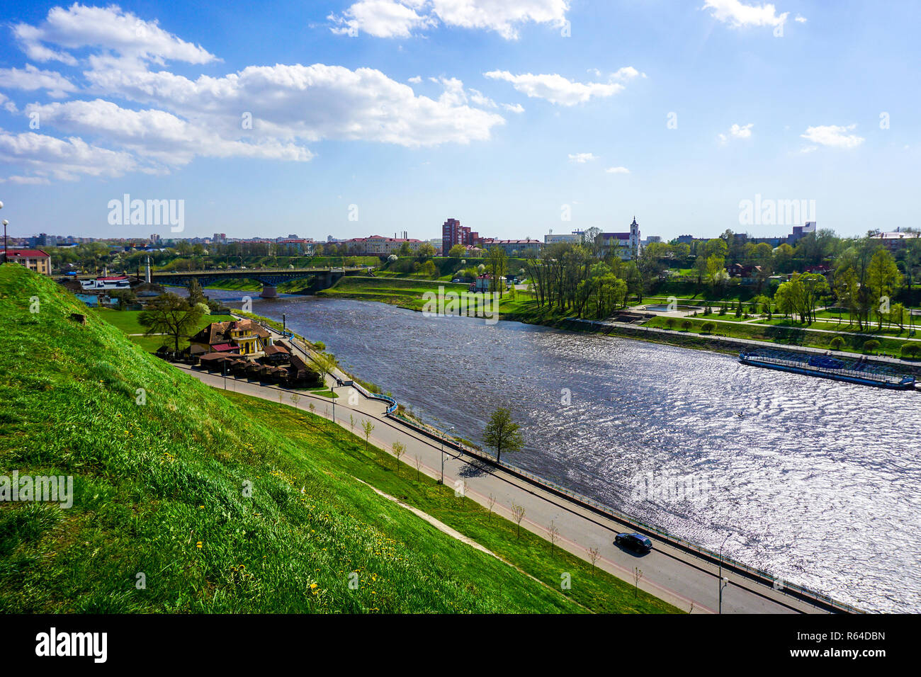 Grodno Neman River Bridge View with Cityscape and Blue Sky Background ...