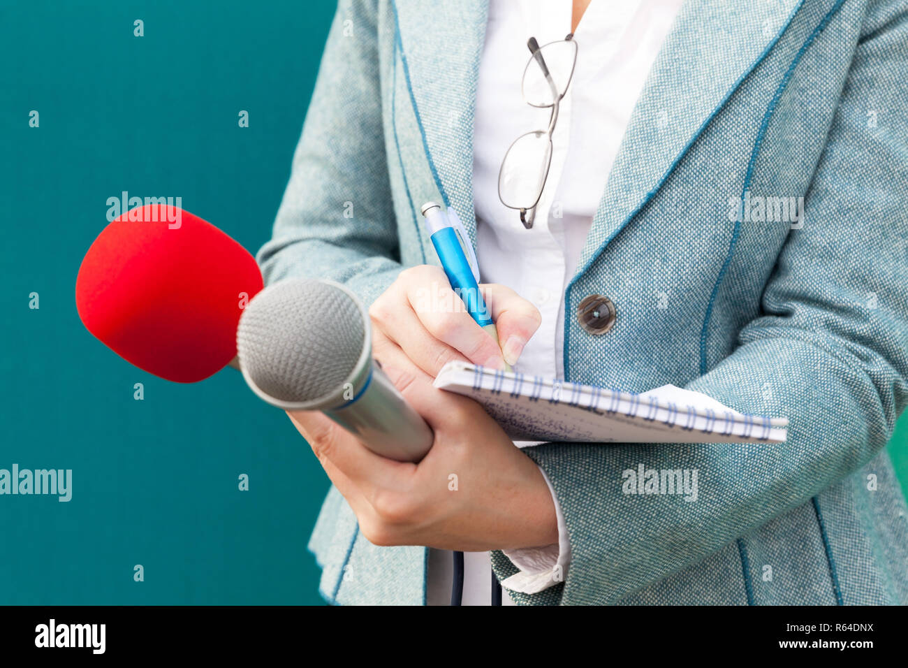 Female reporter taking notes at news conference. Journalism Stock Photo ...