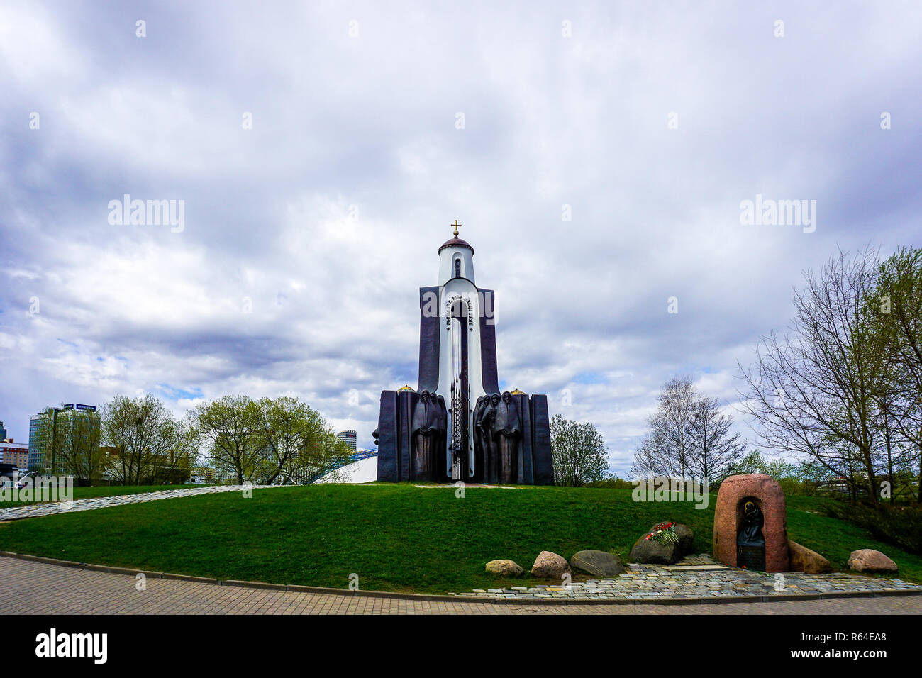 Minsk Island of Tears Monument View with Cross Chapel Nuns and Rainy ...