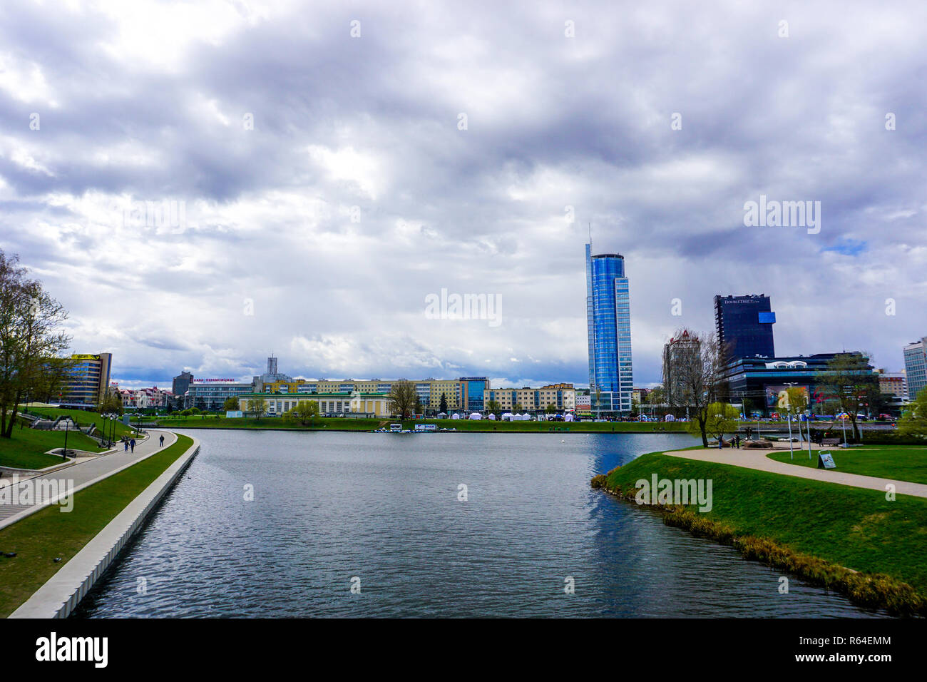 Minsk Svislach River Shore Promenade with Highrise and Cloudy Sky ...