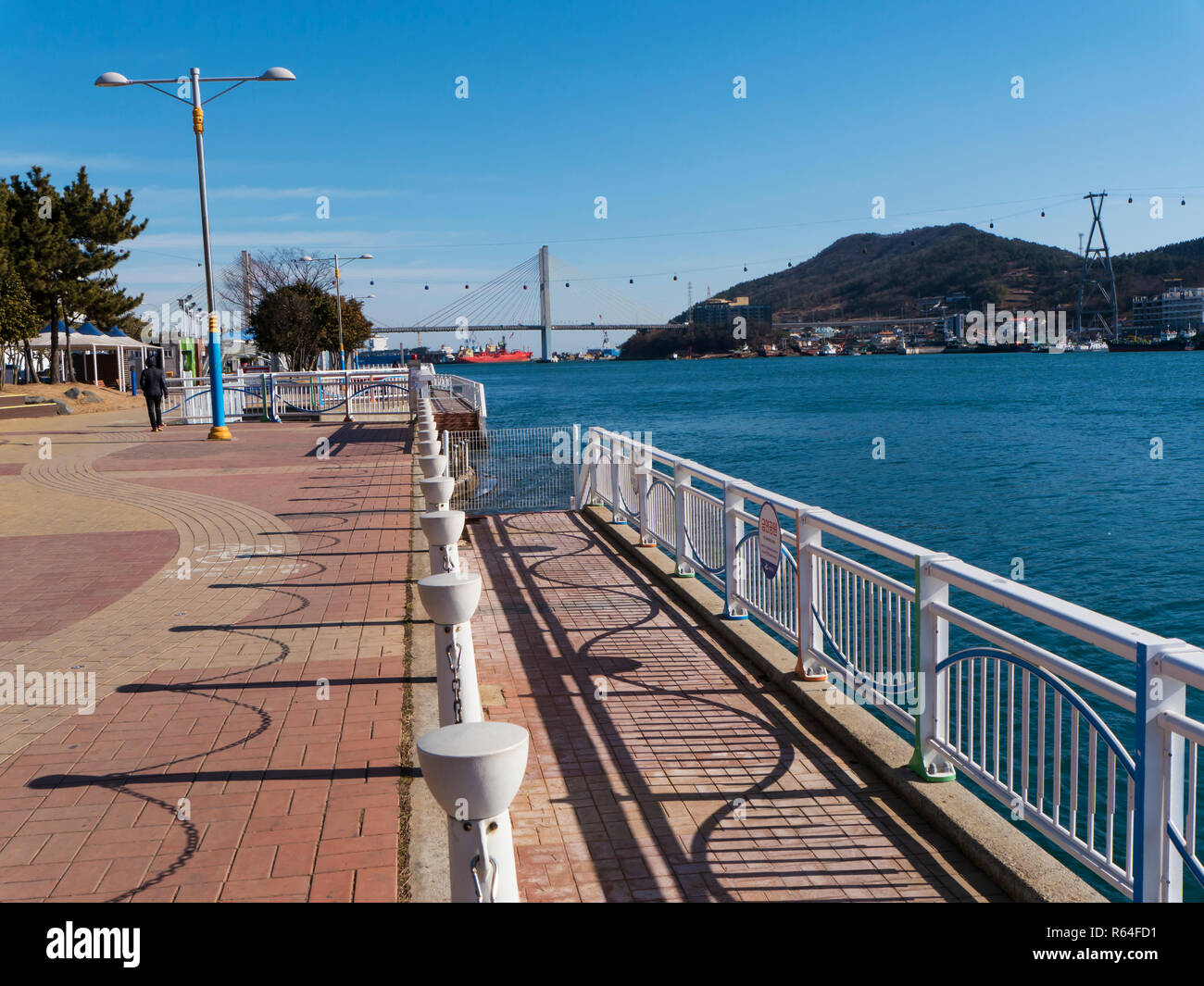 The beautiful seafront of Yeosu city and big arch bridge on the ...