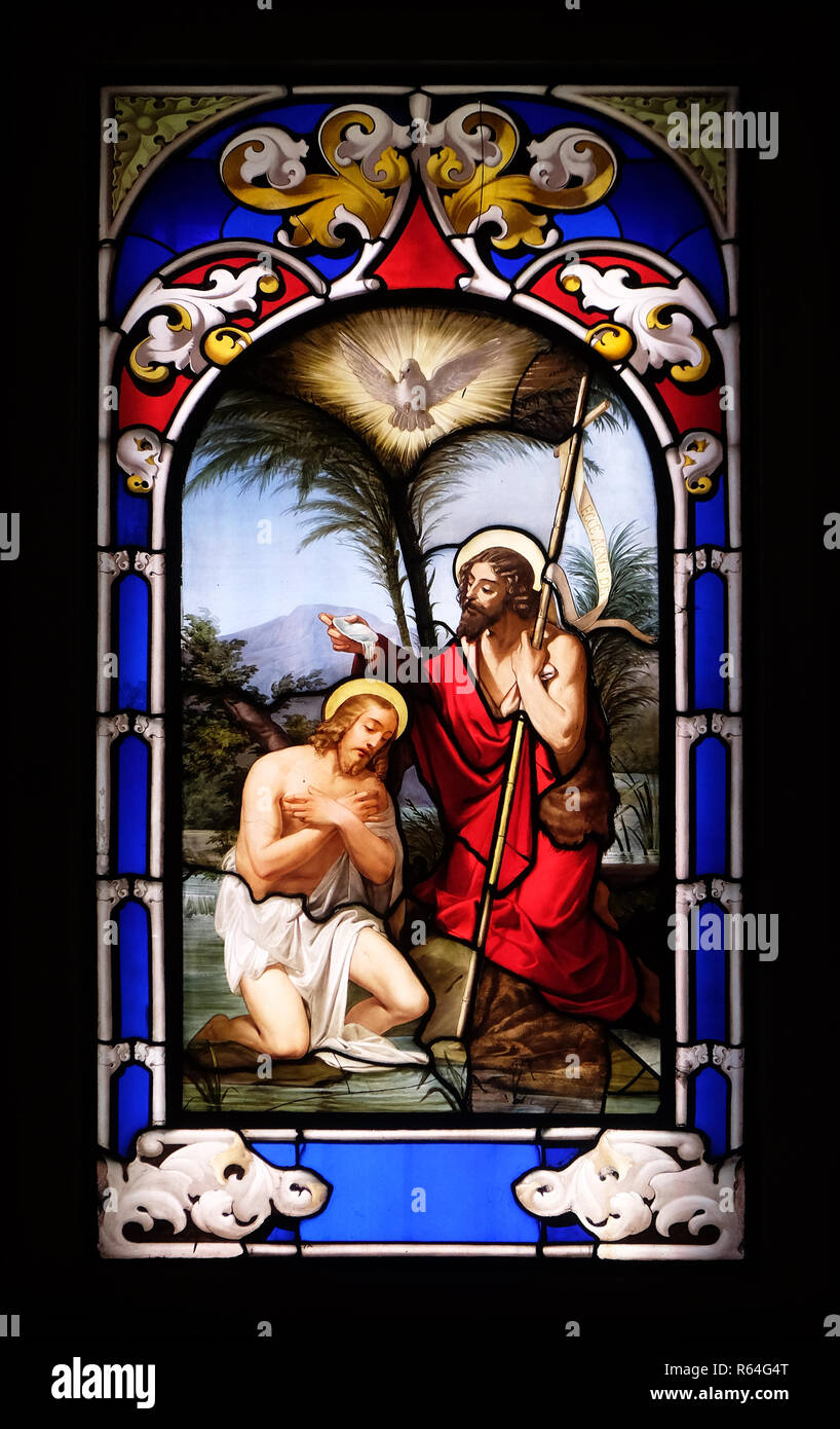 Baptism of the Lord, stained glass window in the Church of St. Ambrose ...