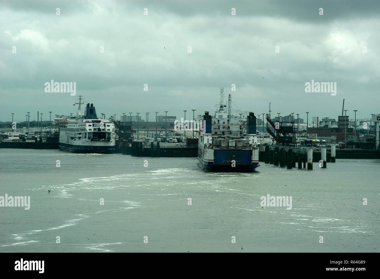 Car/passenger ferries docking at the port of Calais in Northern France ...