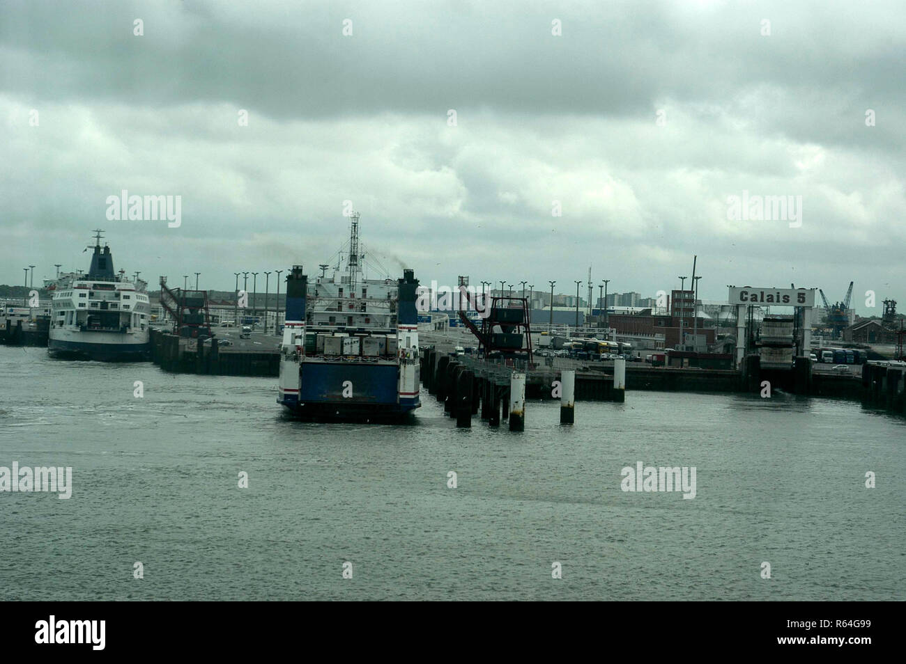 Car/passenger ferries docking at the port of Calais in Northern France ...