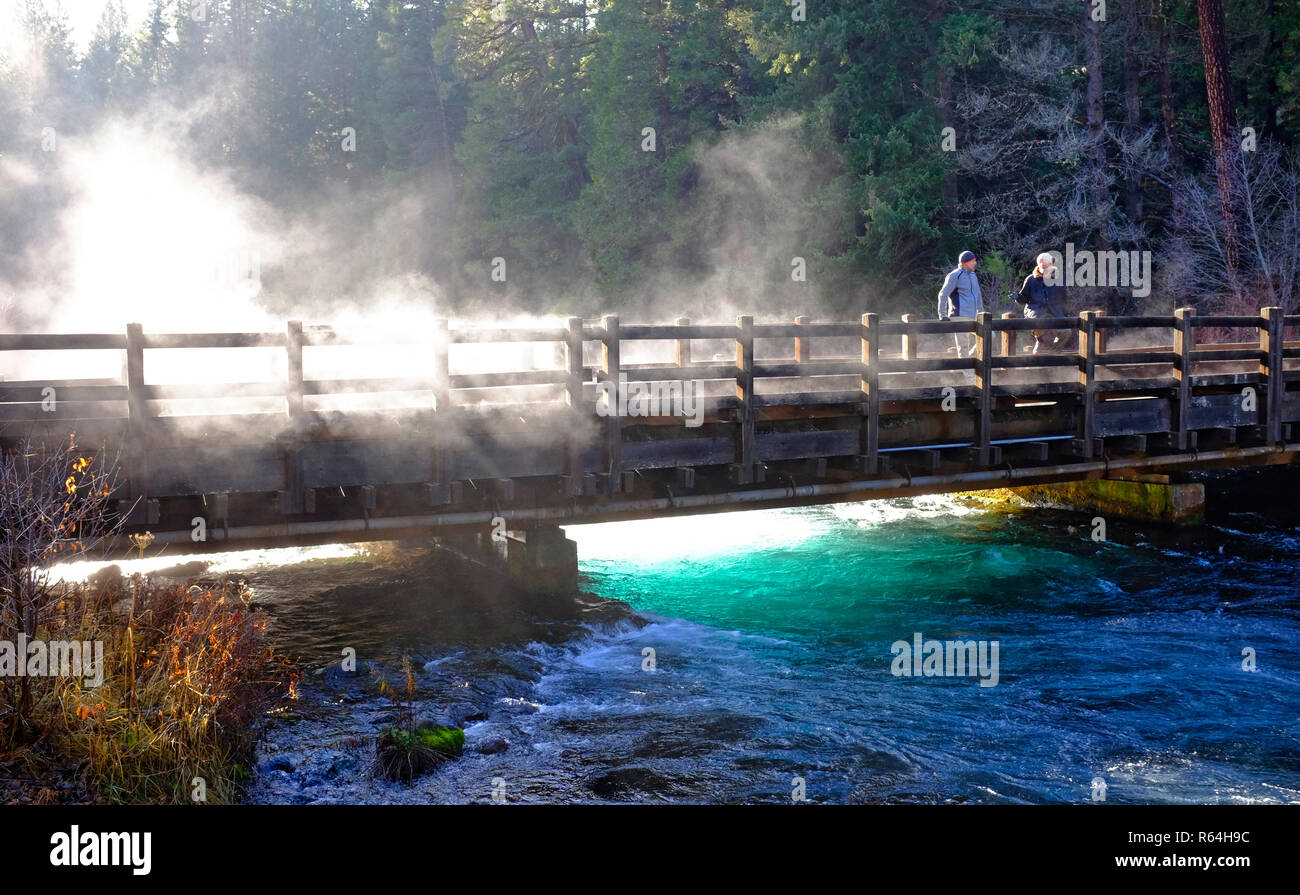 A morning mist rises from the Metolius River in the Cascade Mountains ...