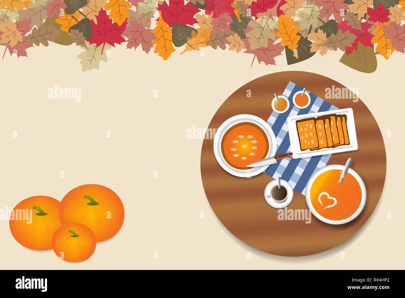 Pumpkin menu on the rounded wooden desk Stock Photo - Alamy
