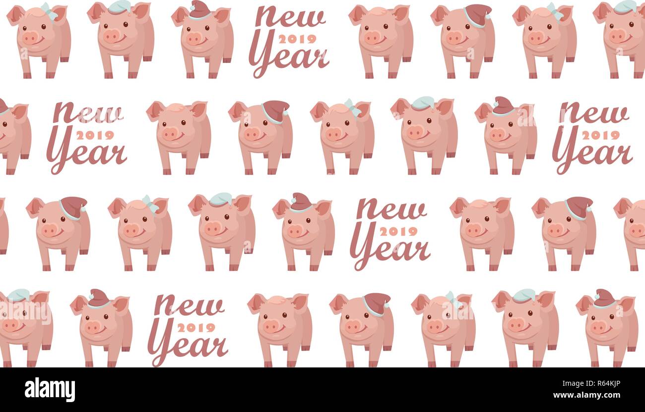 New Year 2019. Seamless pattern with five pigs, vector textile fabric ...