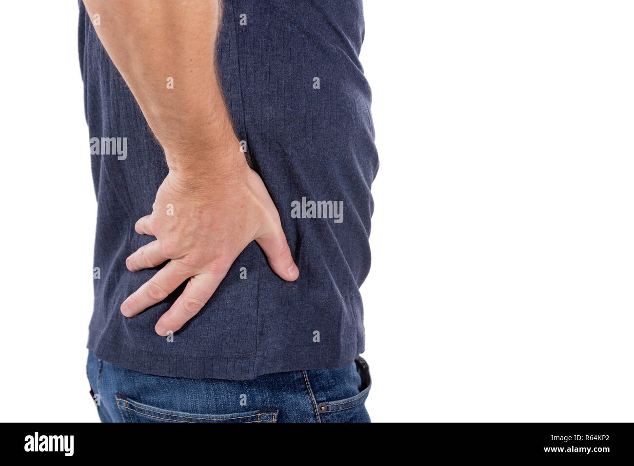 Man suffering from pain in his side. White background. Stomach, liver ...