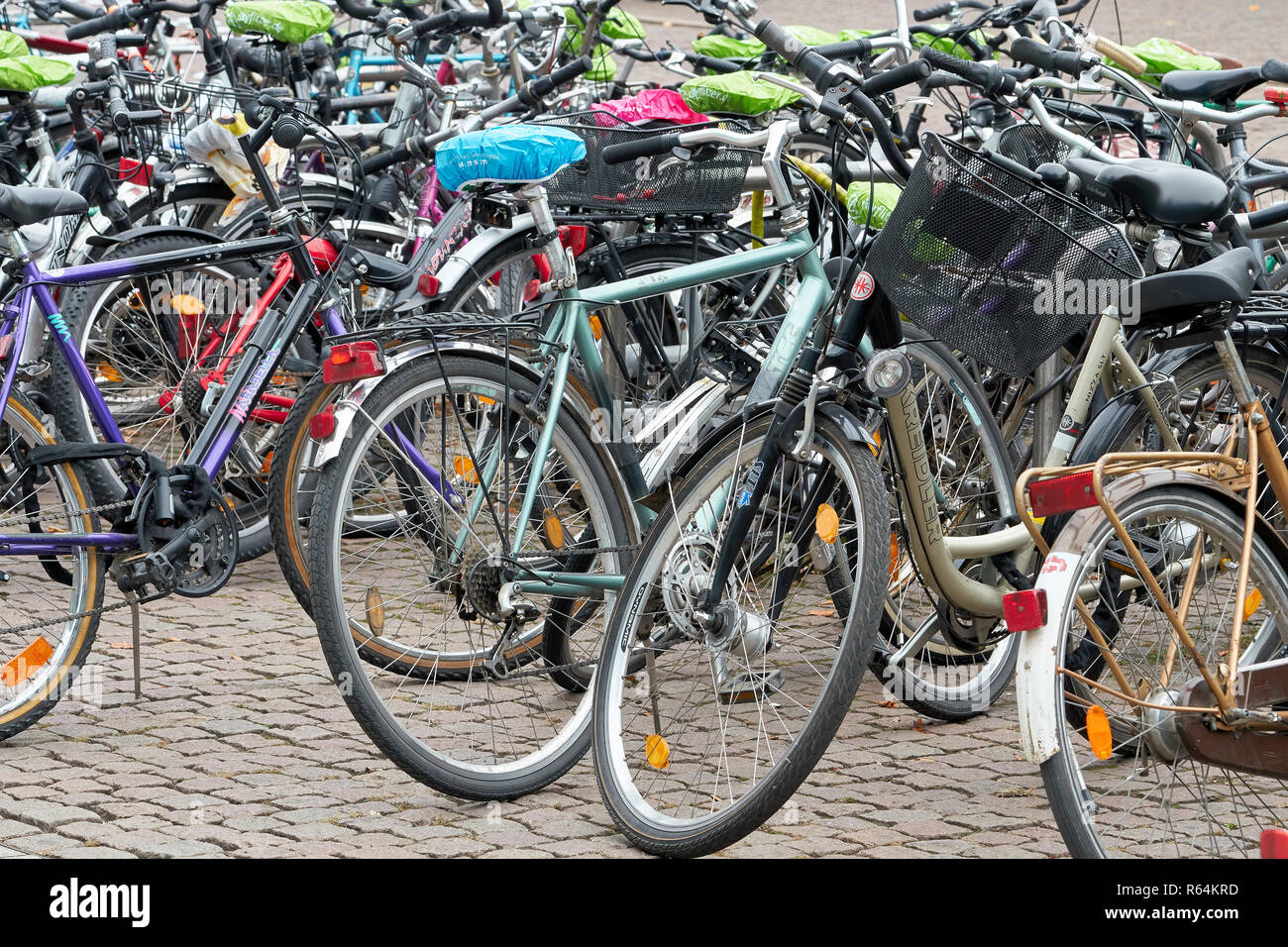 Bicycles of students at the campus of the university in downtown ...