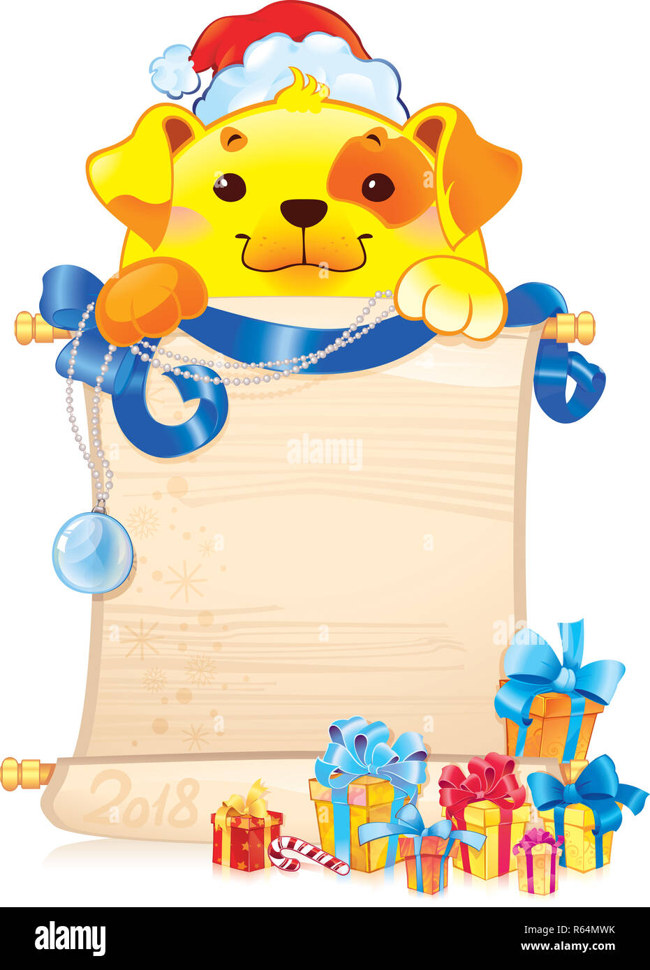 Yellow earth Dog with scroll and Christmas Ornament Stock Photo - Alamy