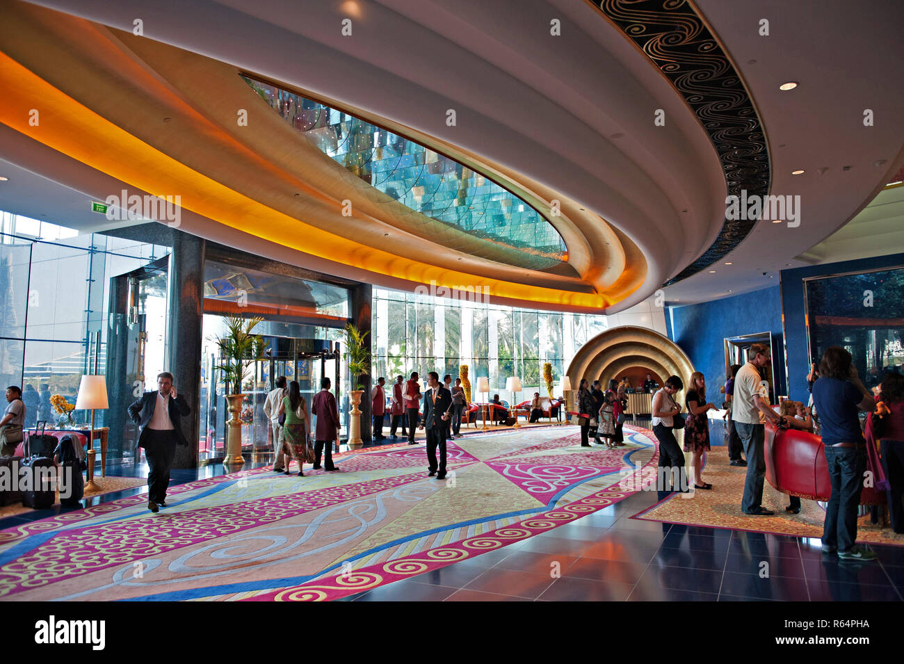 The main reception hall at the luxurious and impressive Burj Al Arab ...