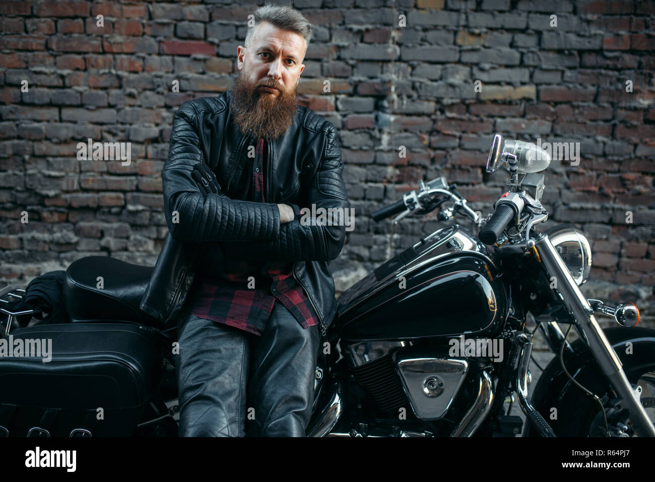 Bearded biker poses on classical chopper, two-wheeled transport ...